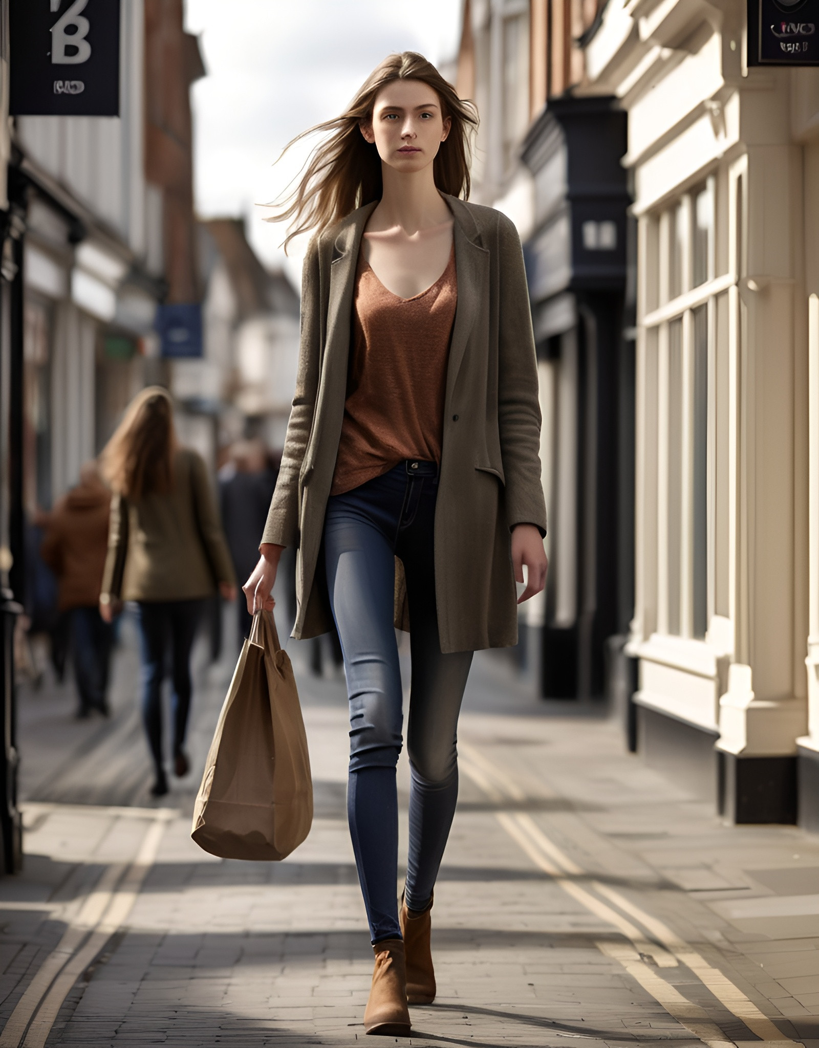 Tall young woman walking down the high street, detai...