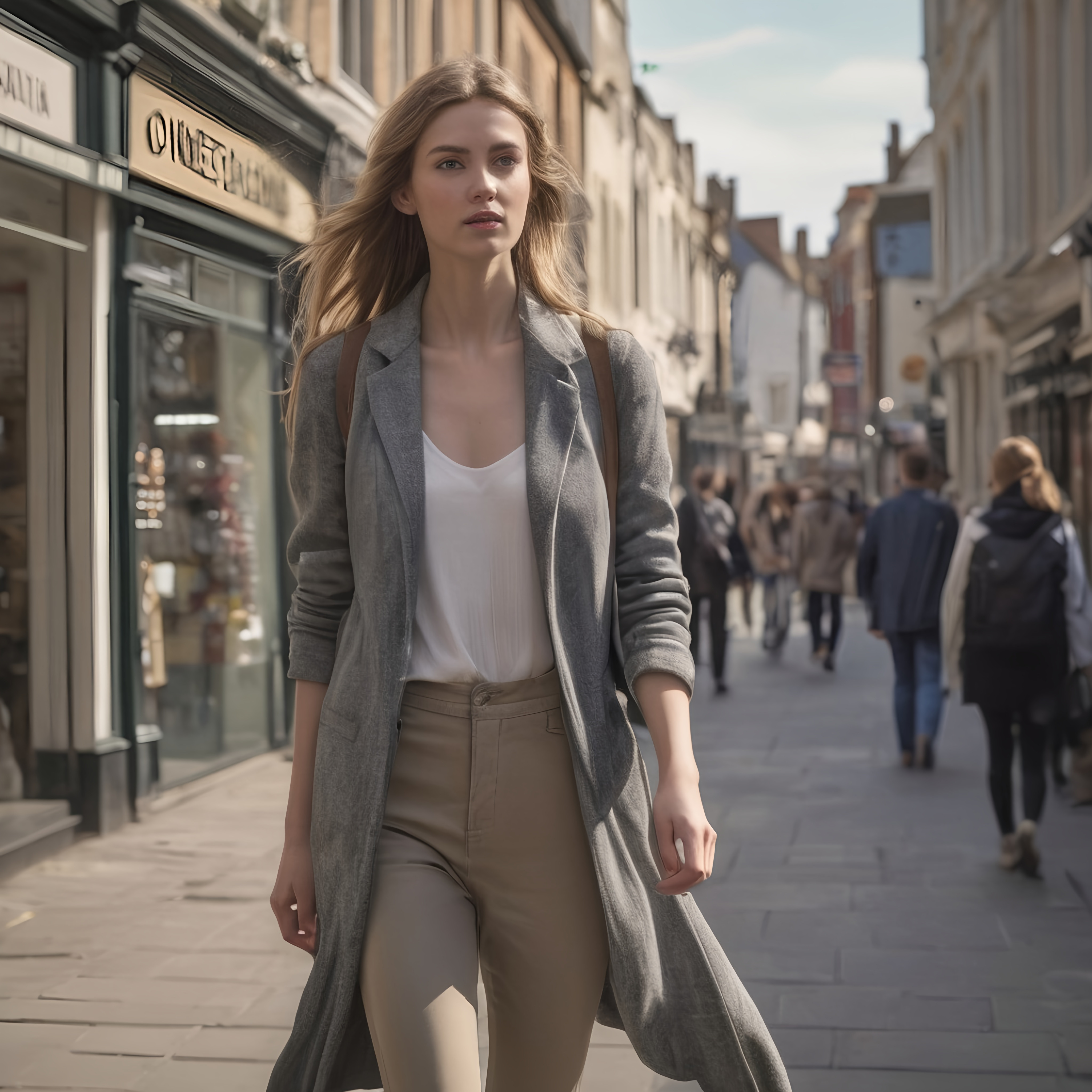 Tall young woman walking down the high street, detai...