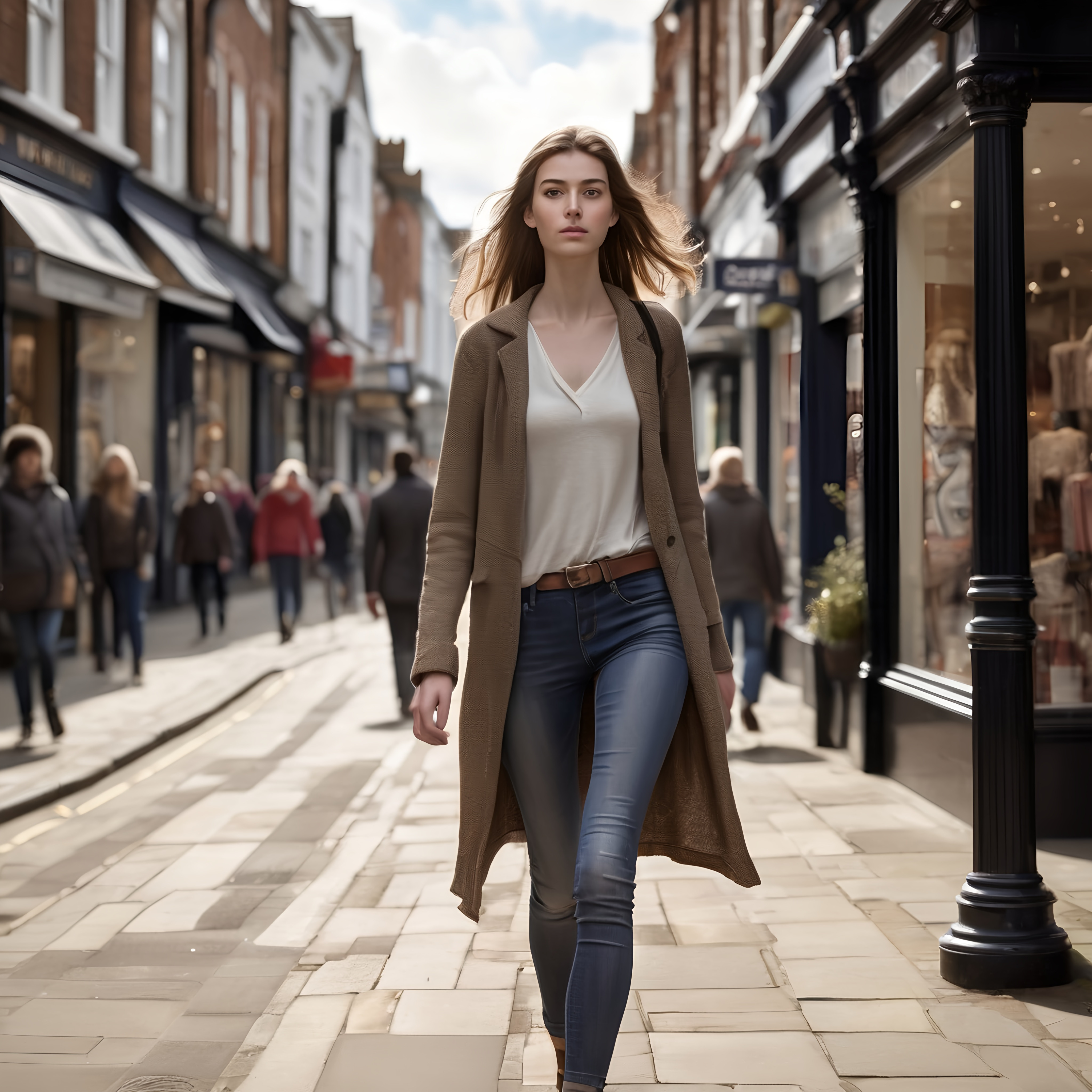 Tall young woman walking down the high street, detai...