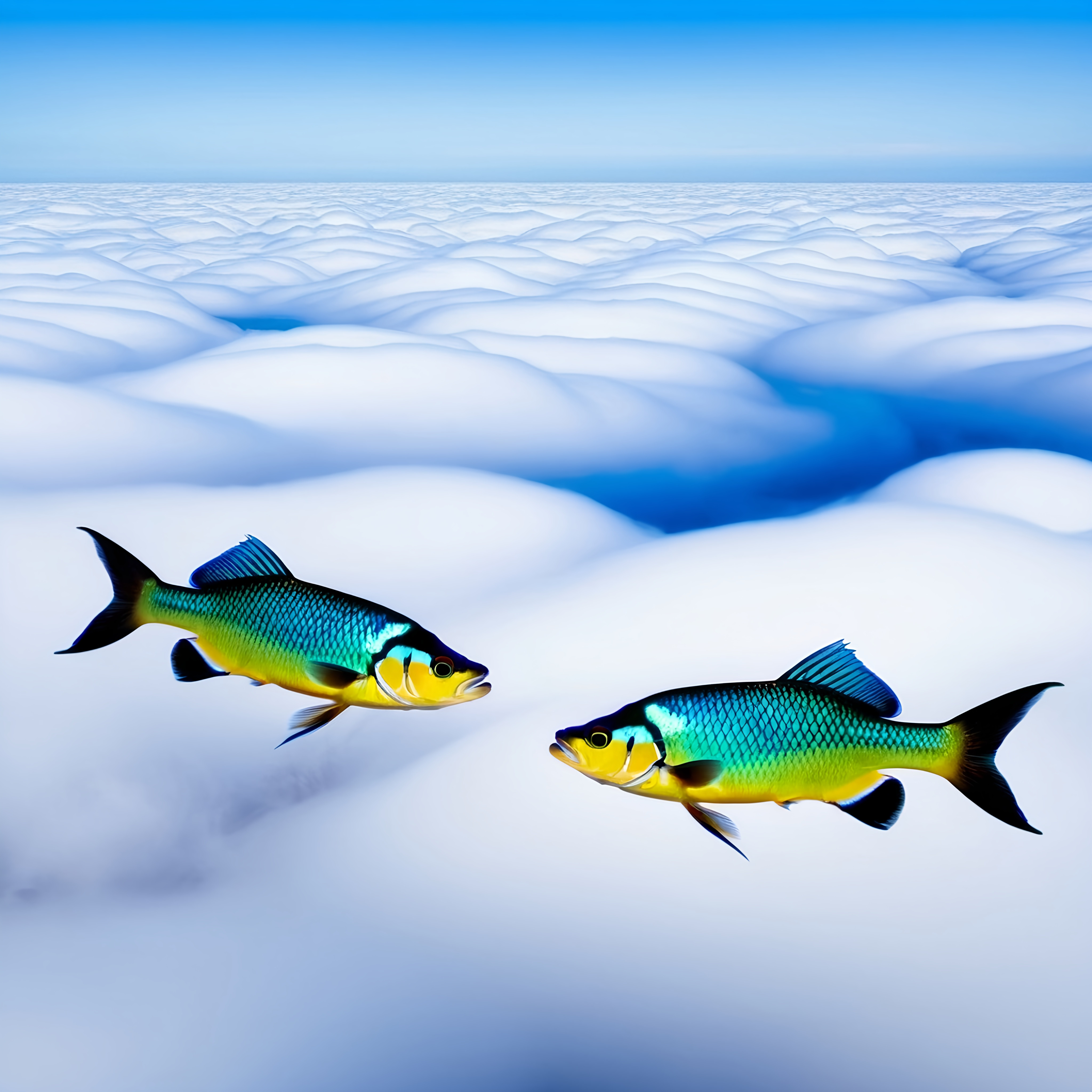 Two fish flying above the sea of clouds