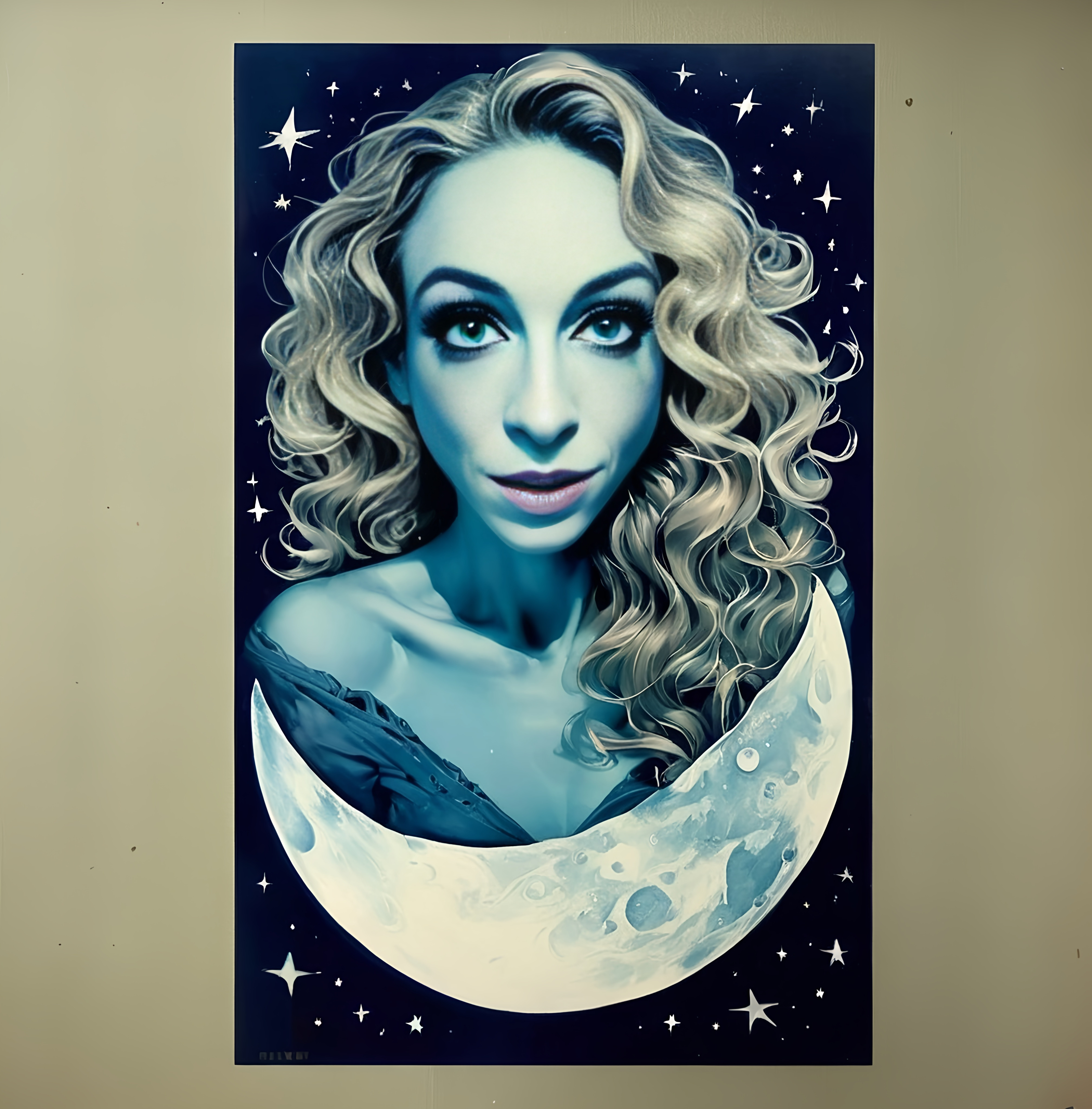 Vintage Cyanotype print of a alien girl on the moon,...