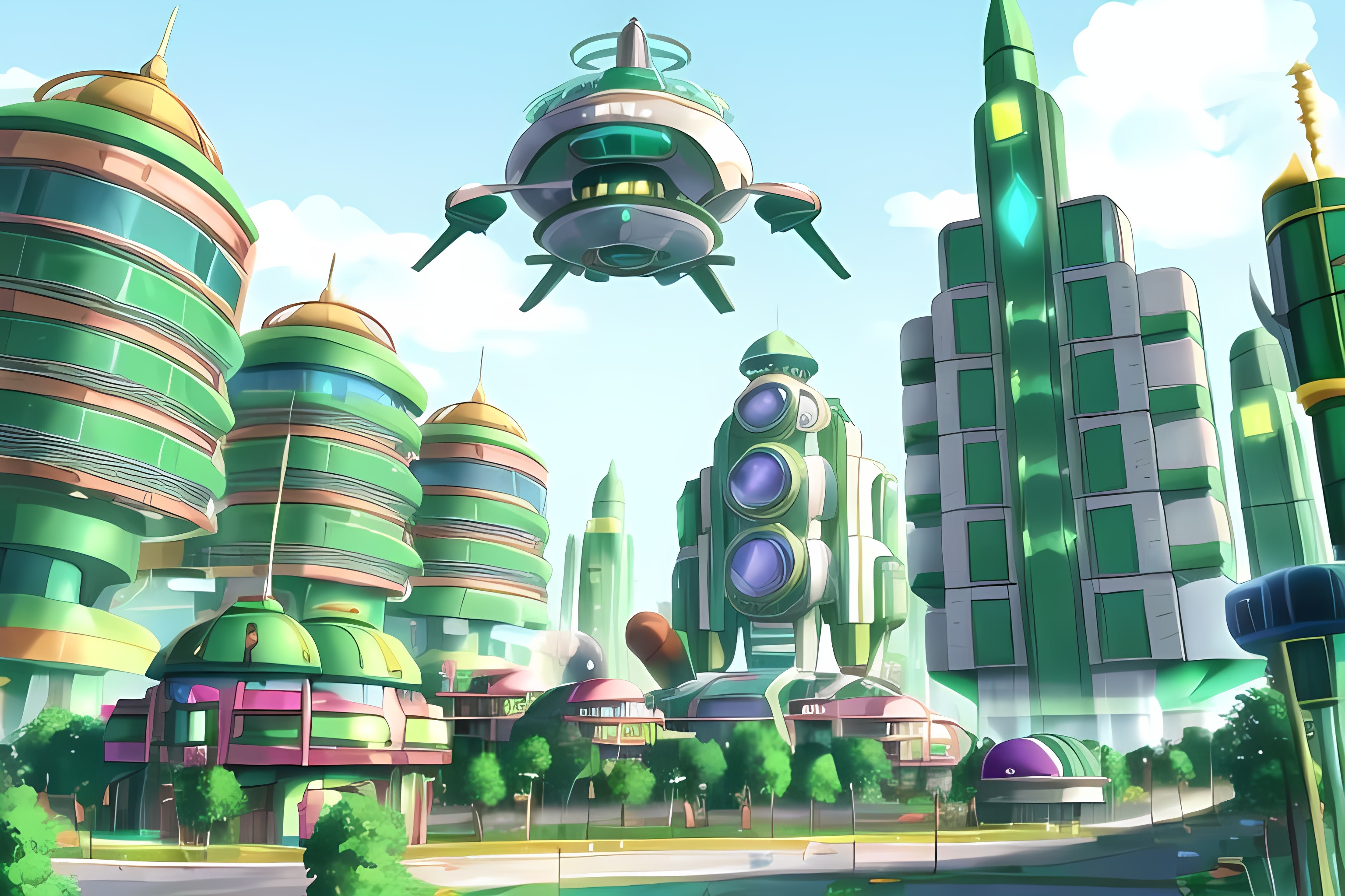 White Skies, Retro Futuristic Utopia Emerald City Ar...