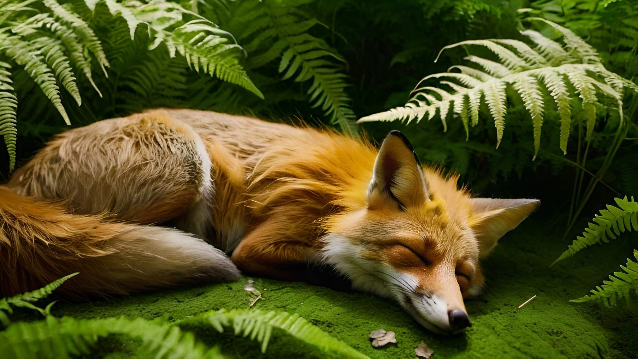 wide shot of a a sleeping fox being petted by an ani...