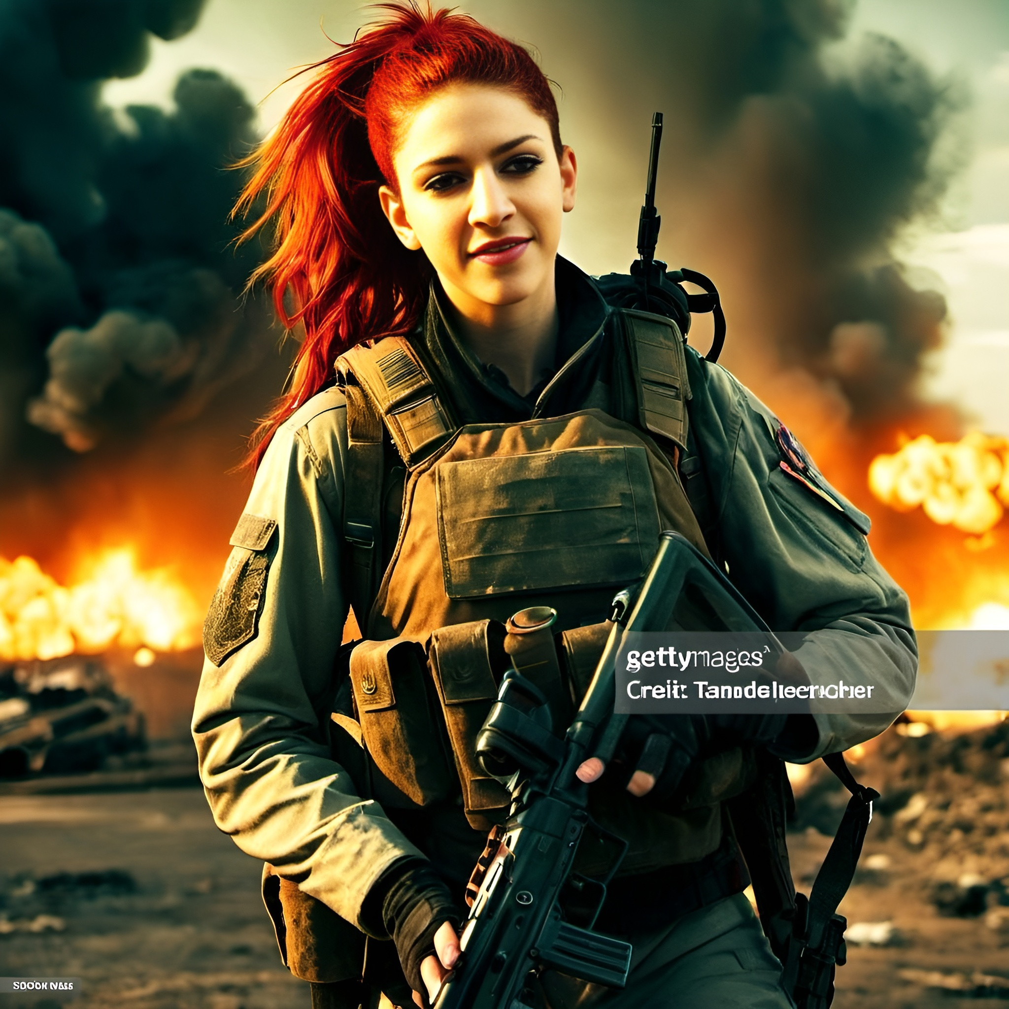 Wild veteran redhead woman soldier, post-apocalyptic...