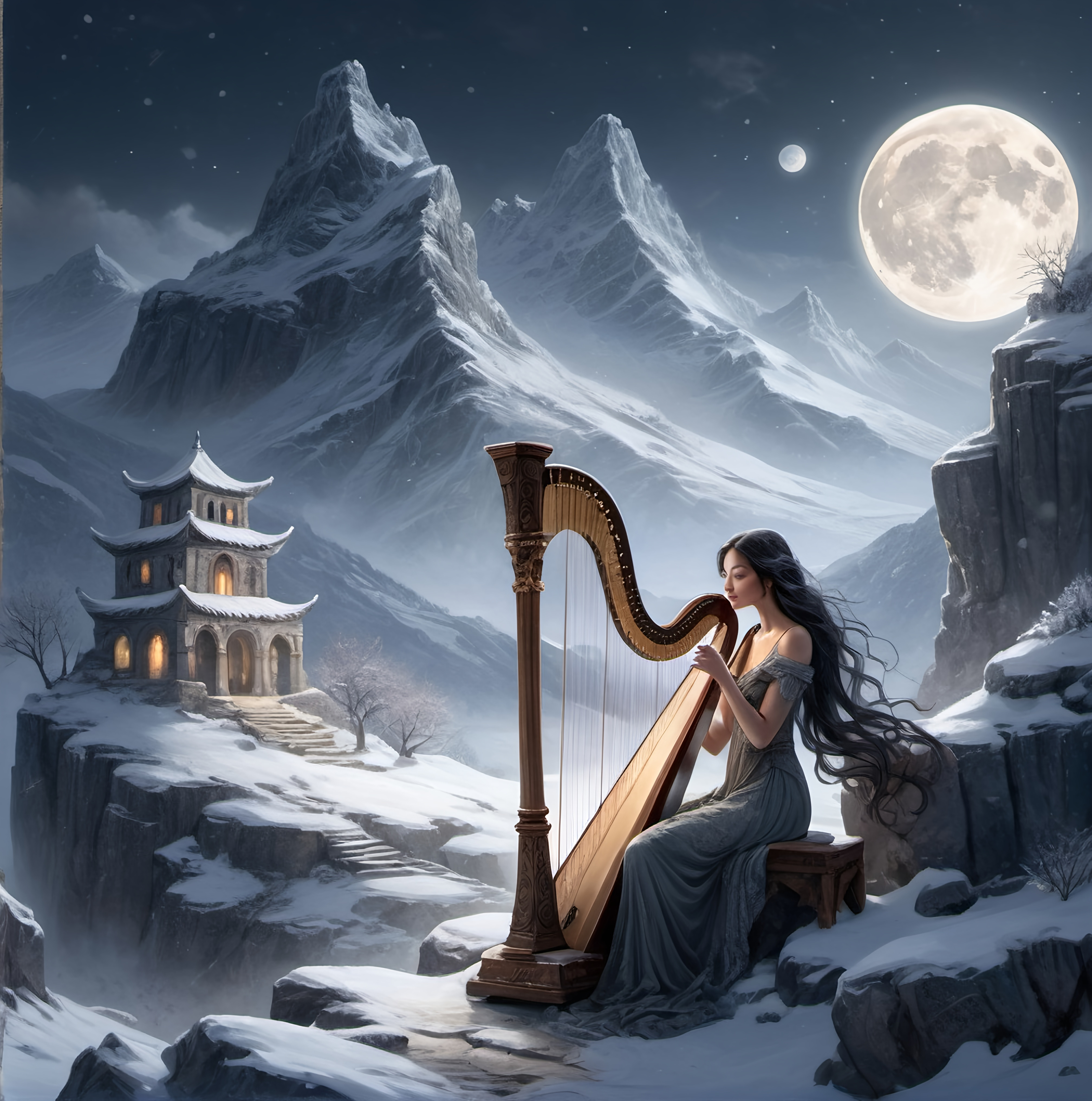 Winter fantasy illustration of a woman playing harp,...